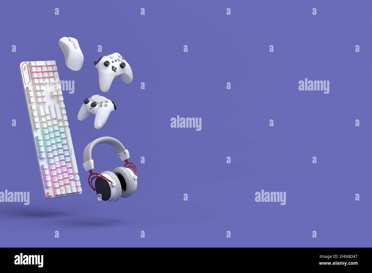 Flying gamer gears like mouse, keyboard, joystick, headset, VR Headset ...