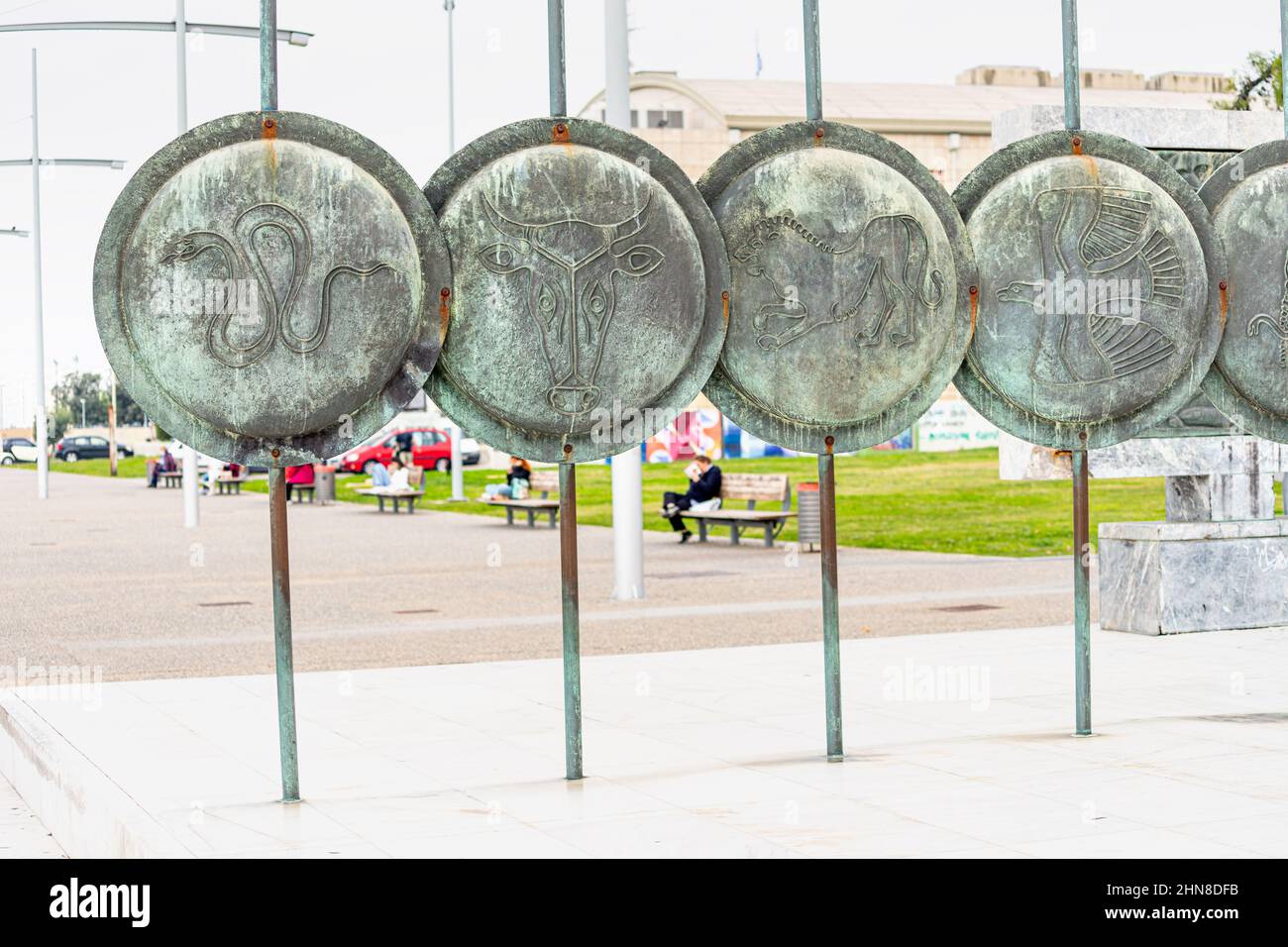 21 October 2021, Thessaloniki, Greece: Greek shields with mythology ...