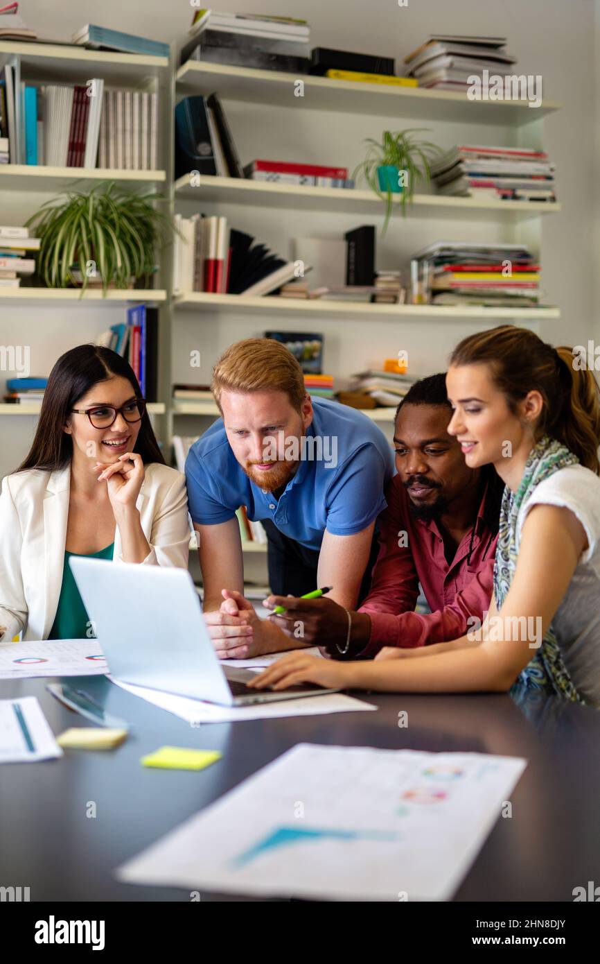 Group of happy multiethnic business people working together, sharing ...