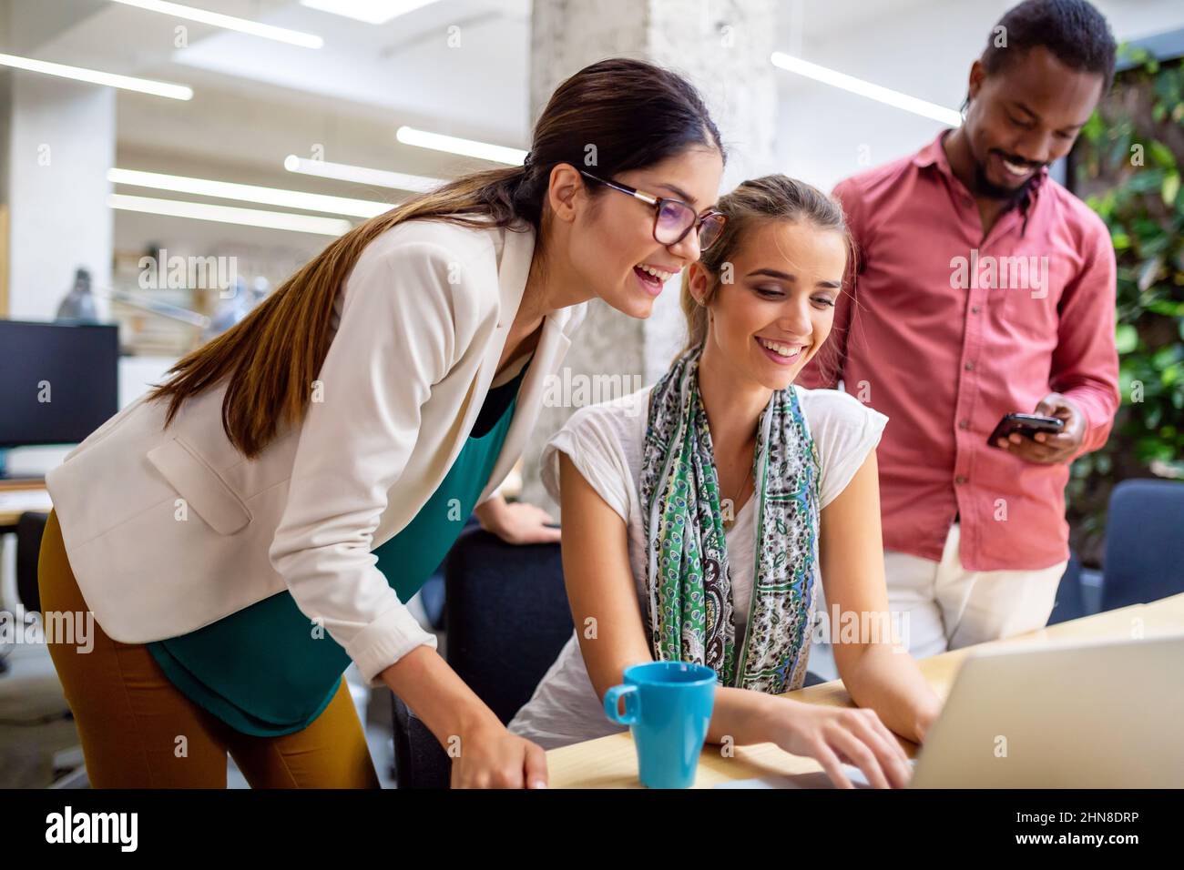 Group of happy friendly multiethnic business people having fun, working ...