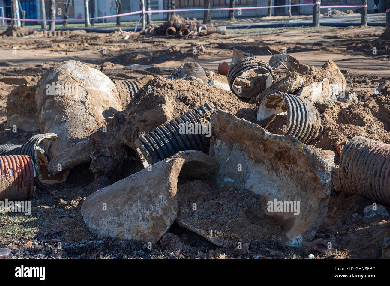 Construction Debris. Debris of concrete and plastic pipes at the ...