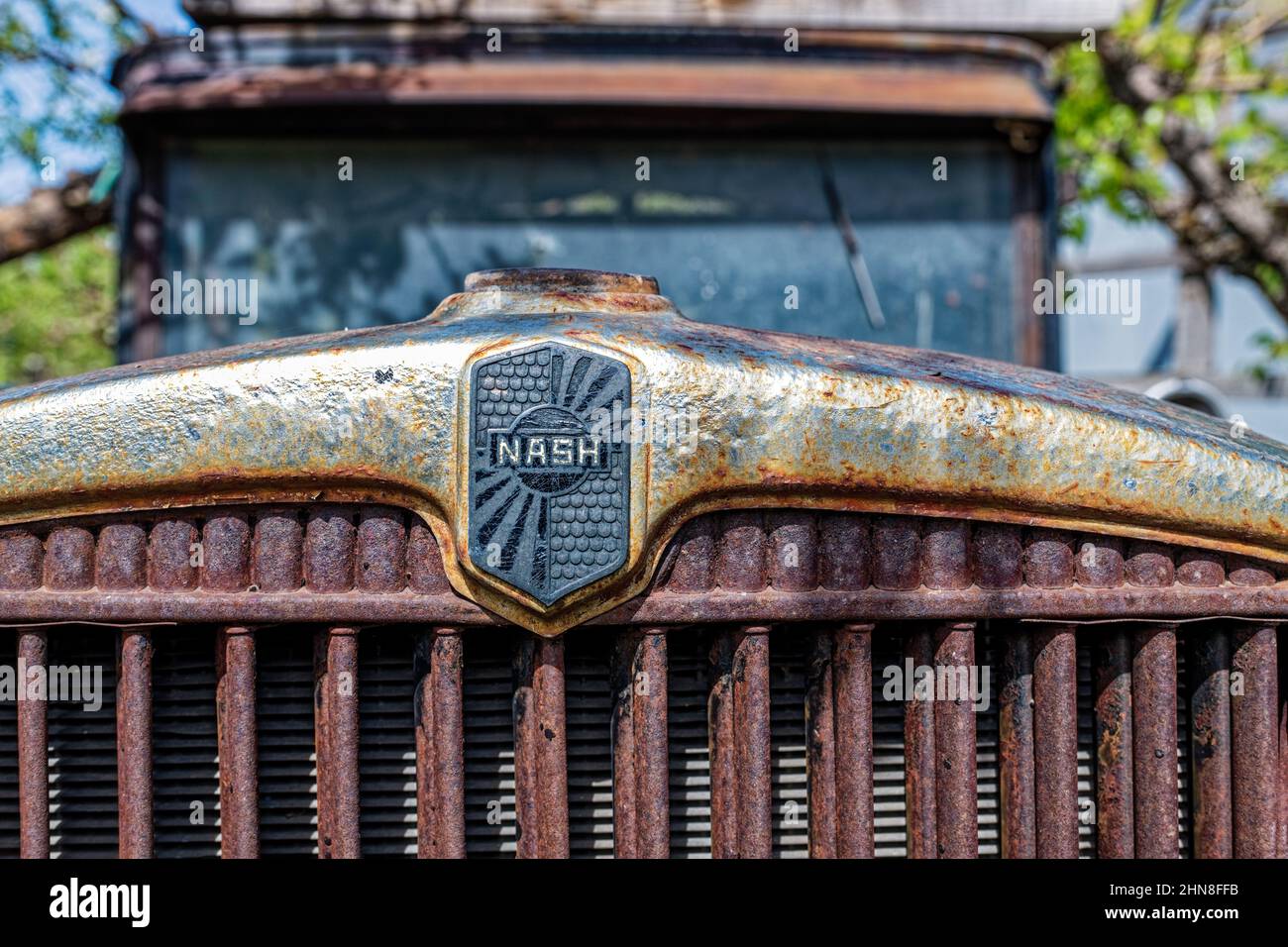The logo on the hood of an antique Nash automobile in British Columbia ...