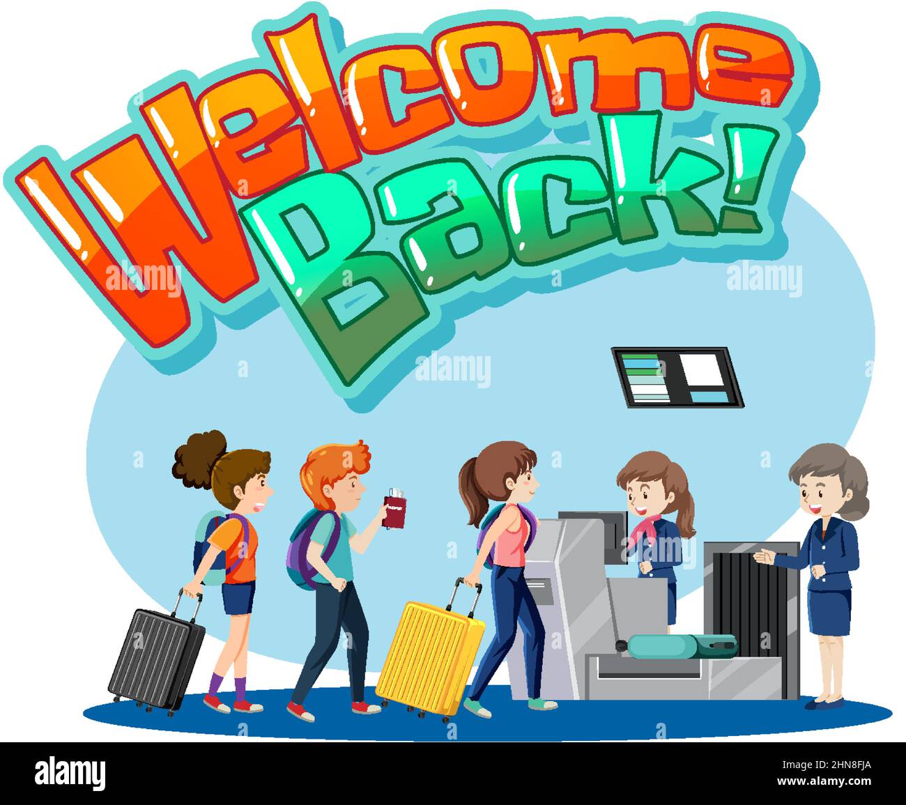 Welcome Back typography design with passengers and service staffs ...