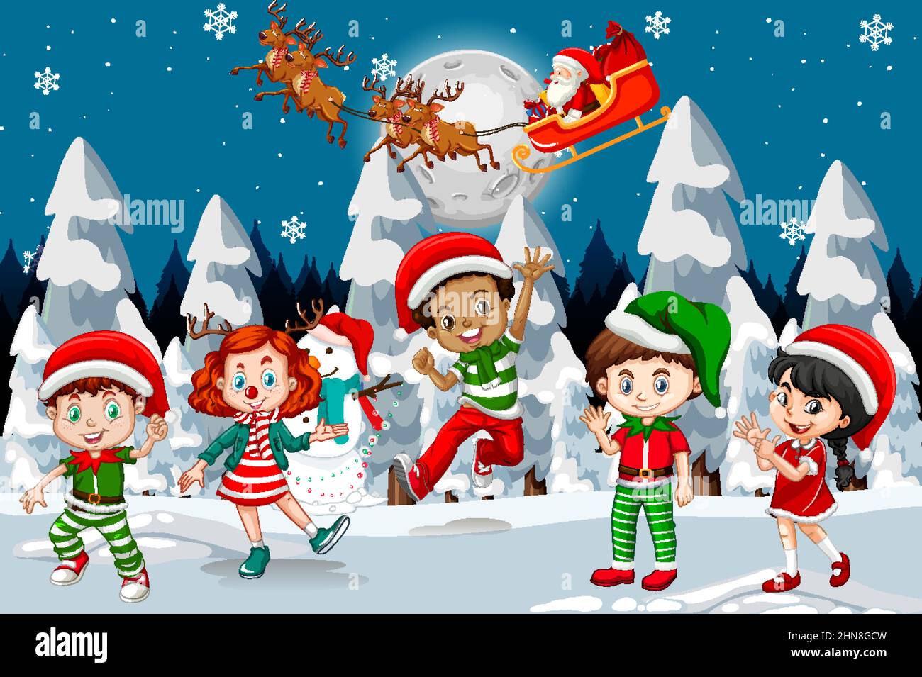 Christmas winter scene with happy children illustration Stock Vector ...