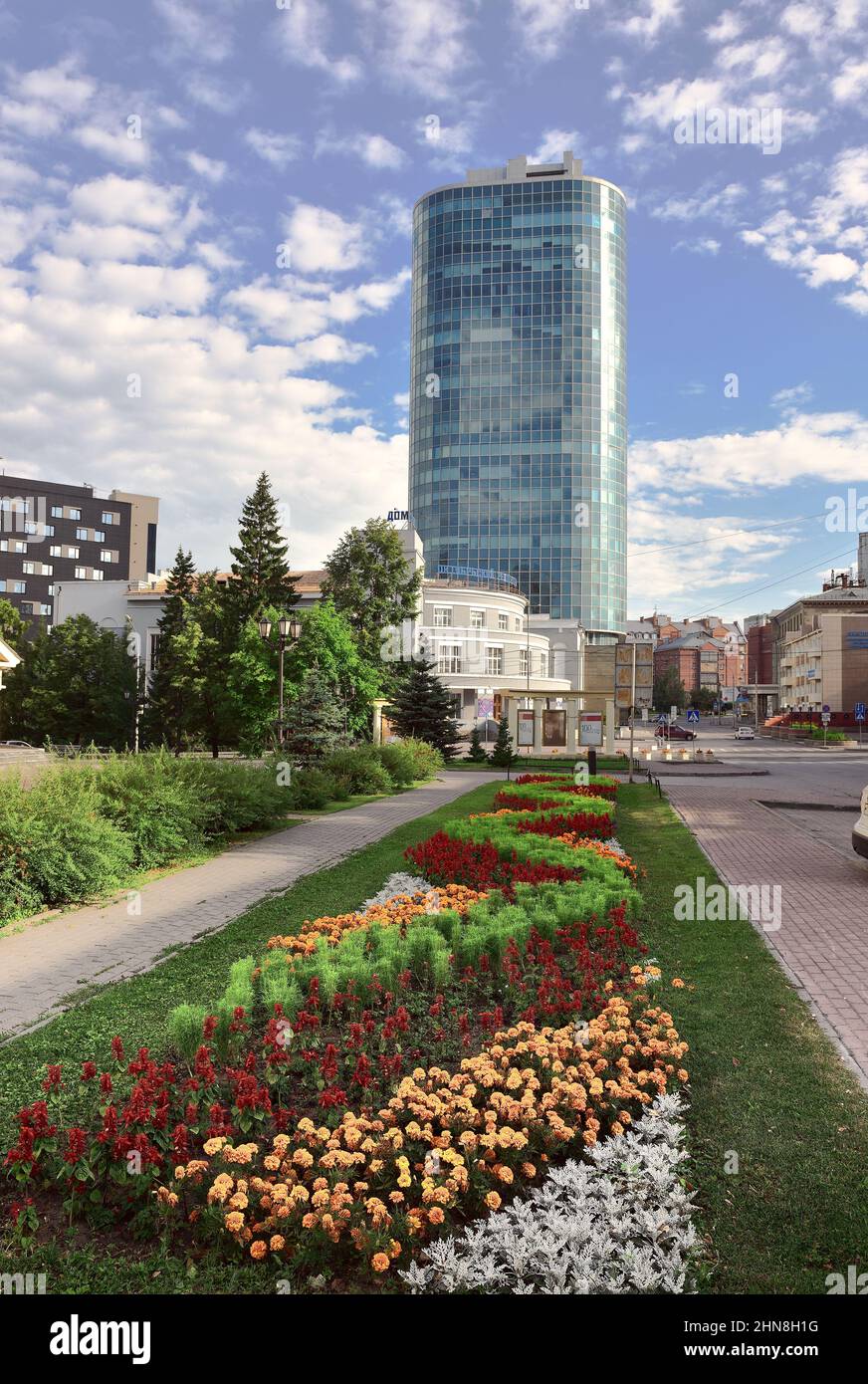 Novosibirsk, Siberia, Russia - 06.25.2020: A bright flower lawn, a ...