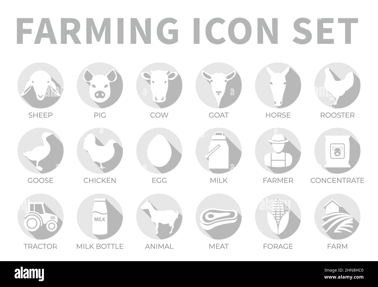 Flat Gray Farm or Farming Icon Set of Sheep, Pig, Cow, Goat, Horse ...