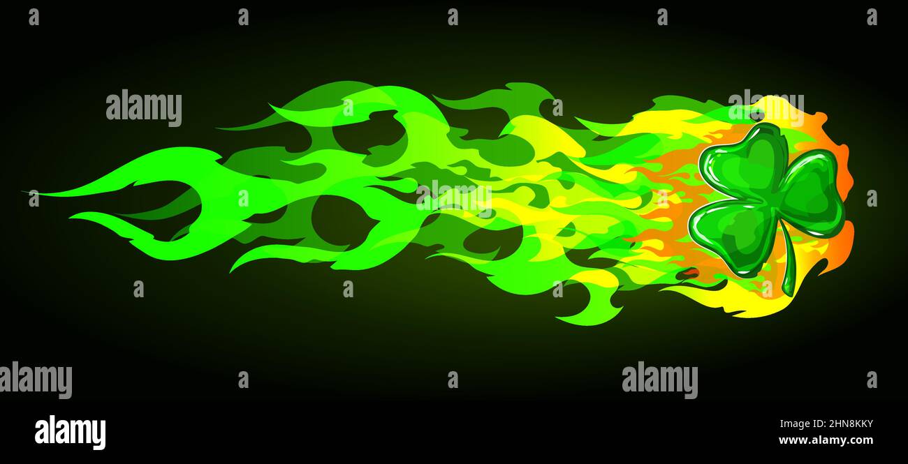 flaming cloverleaf, shamrock icon with a tail of a green fire, hand ...