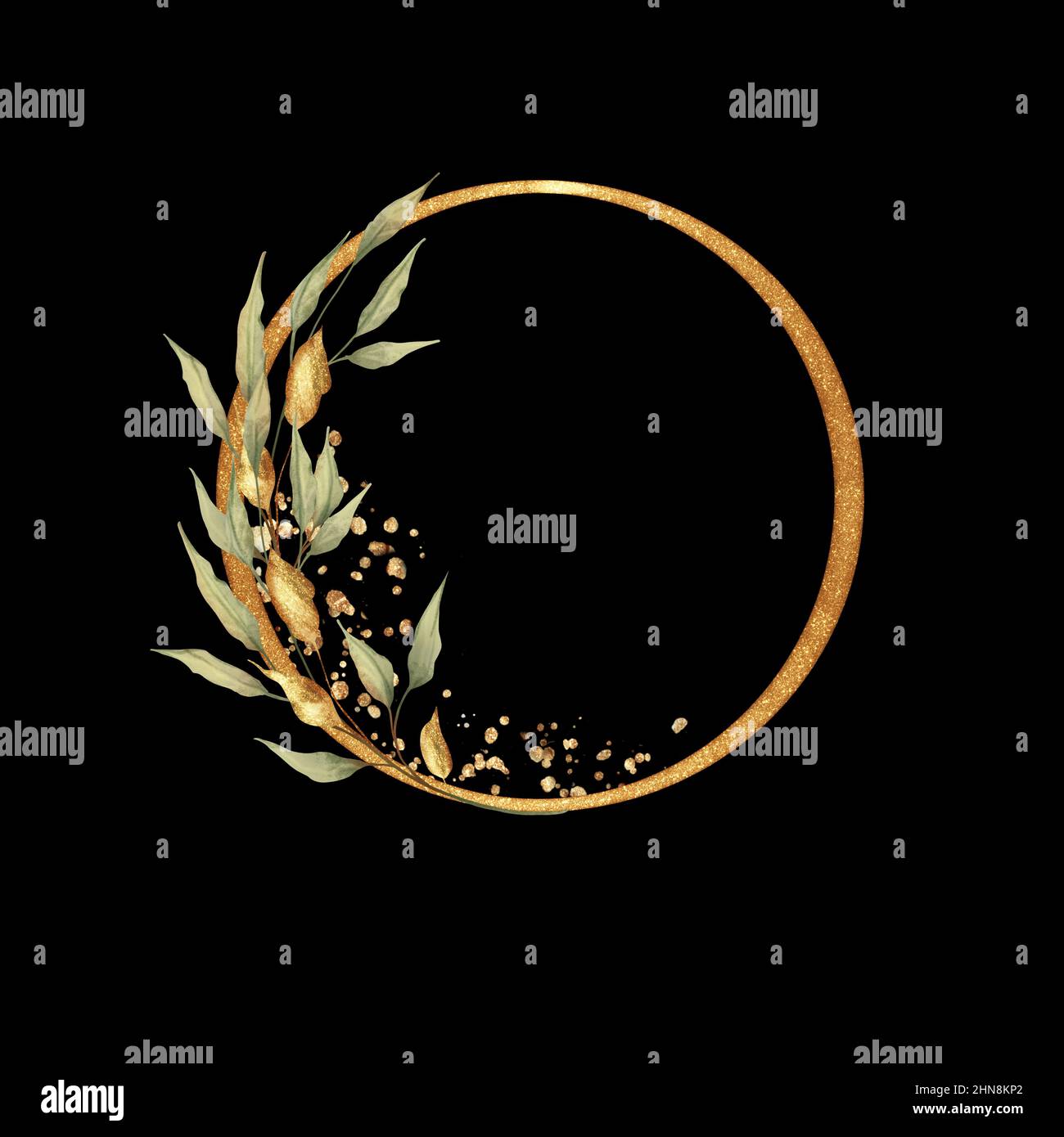 Green leaves and gold round frame on black background Stock Photo - Alamy