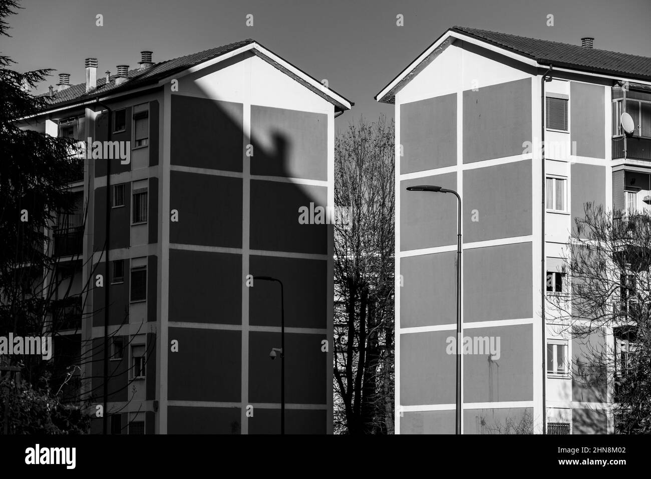 Grayscale shot of the residential buildings Stock Photo - Alamy