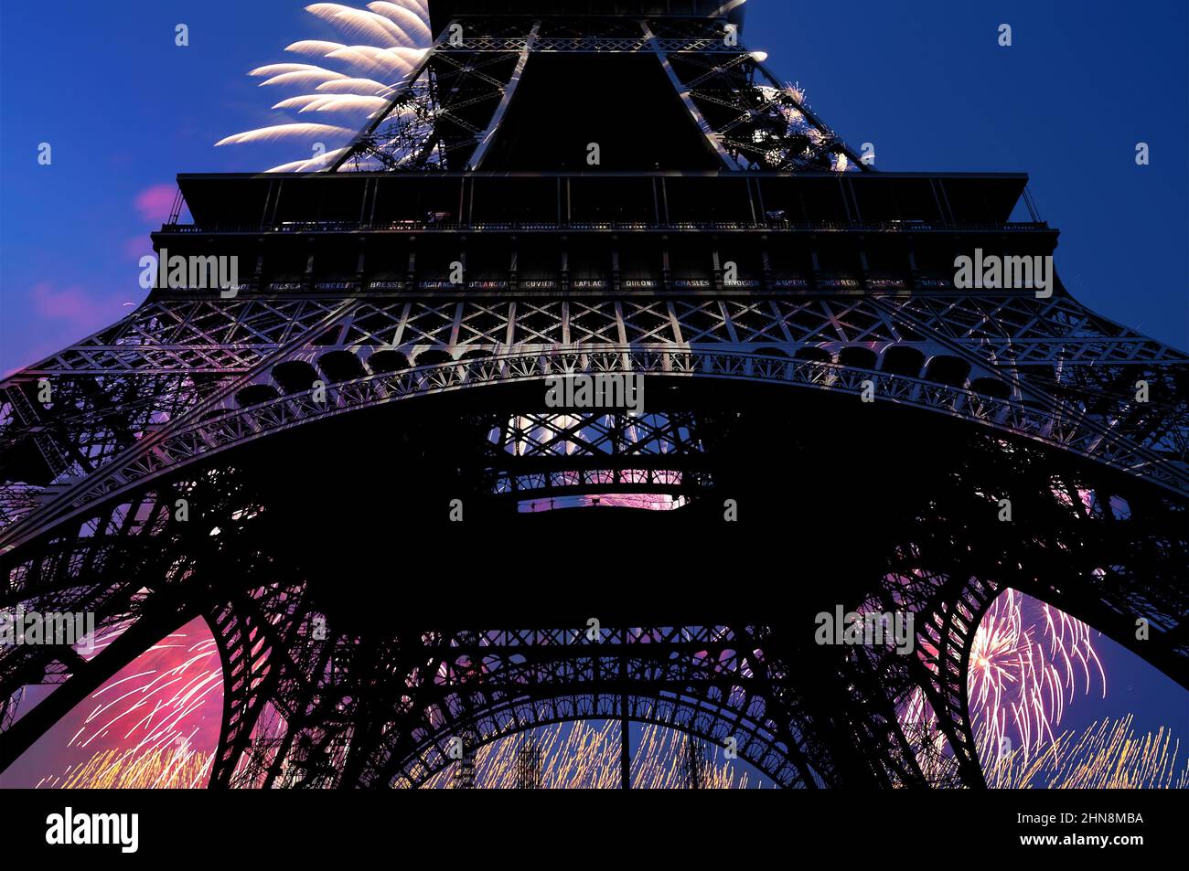 Celebratory colorful fireworks over the Eiffel Tower in Paris, France ...