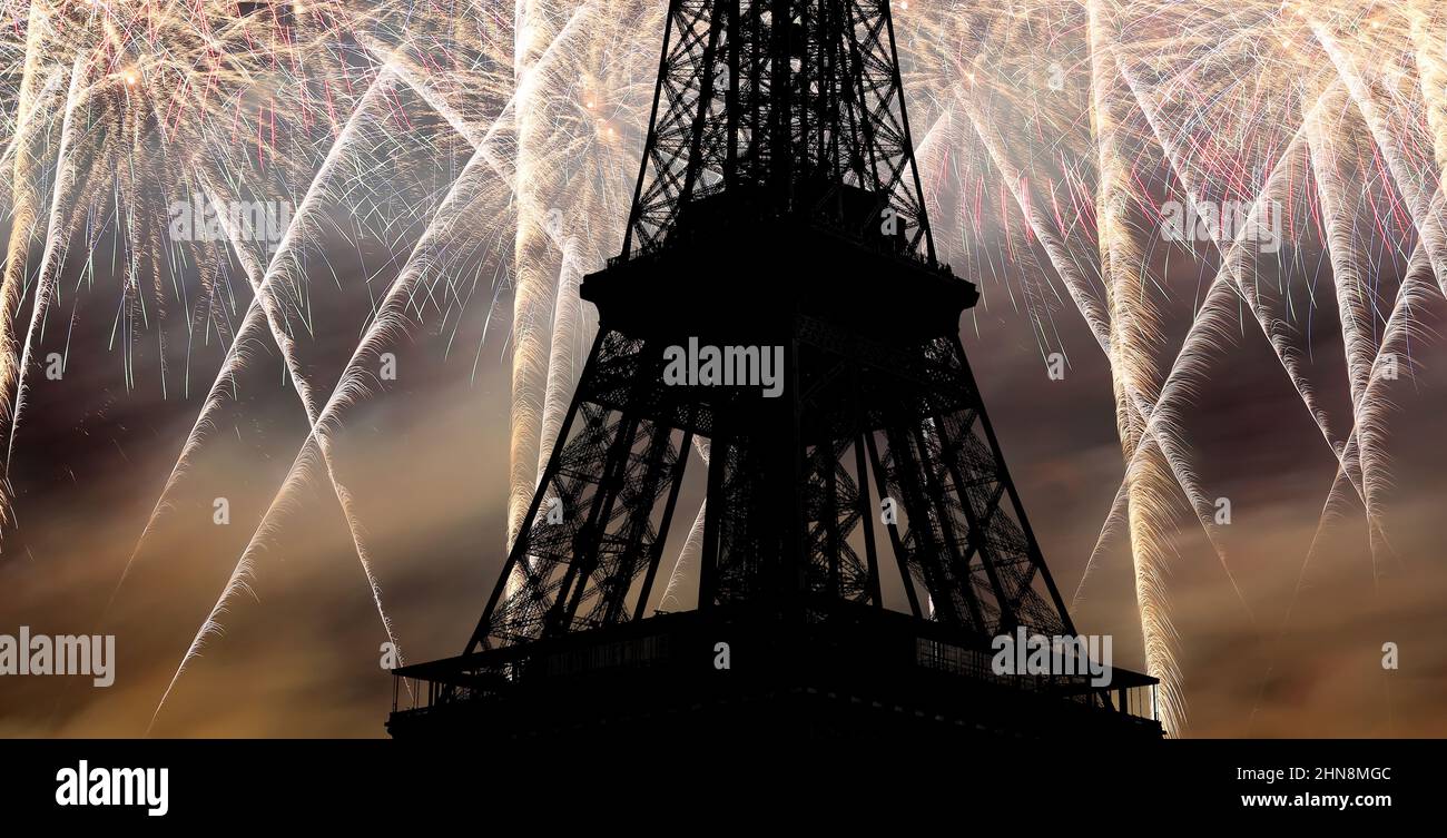 Celebratory colorful fireworks over the Eiffel Tower in Paris, France ...
