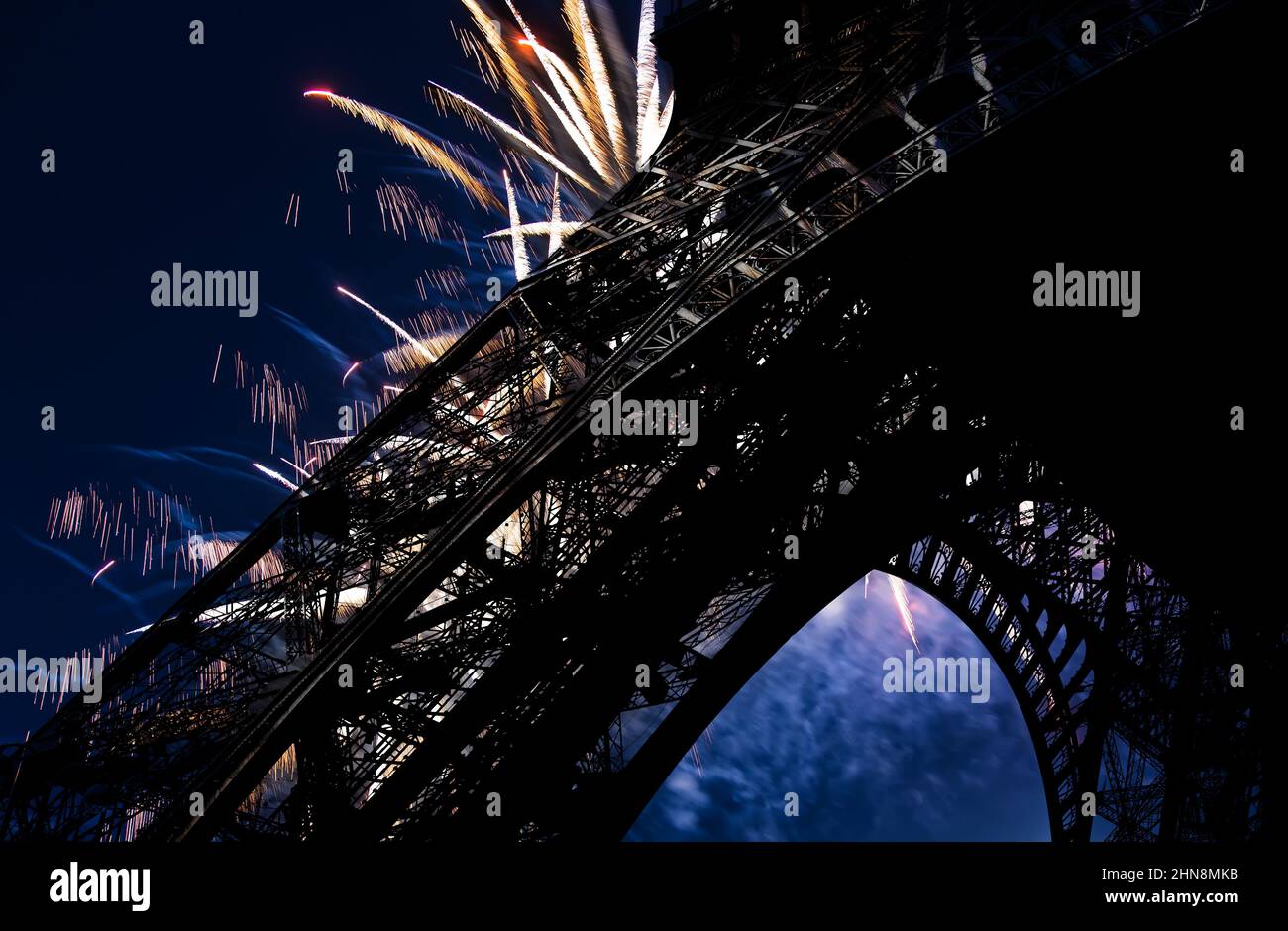 Celebratory colorful fireworks over the Eiffel Tower in Paris, France ...