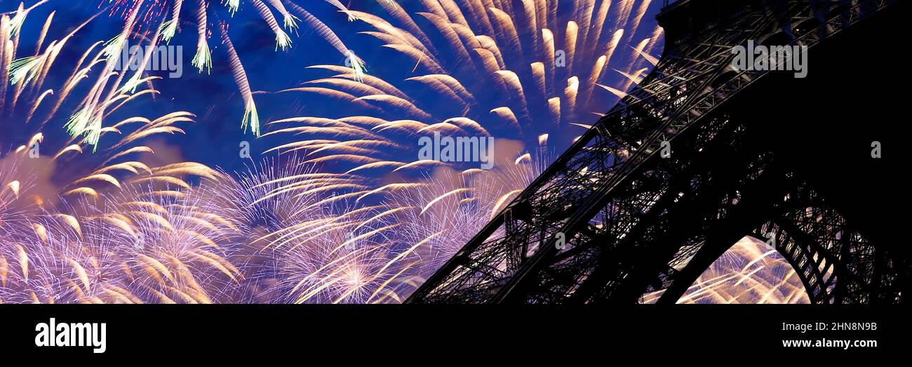 Celebratory colorful fireworks over the Eiffel Tower in Paris, France ...