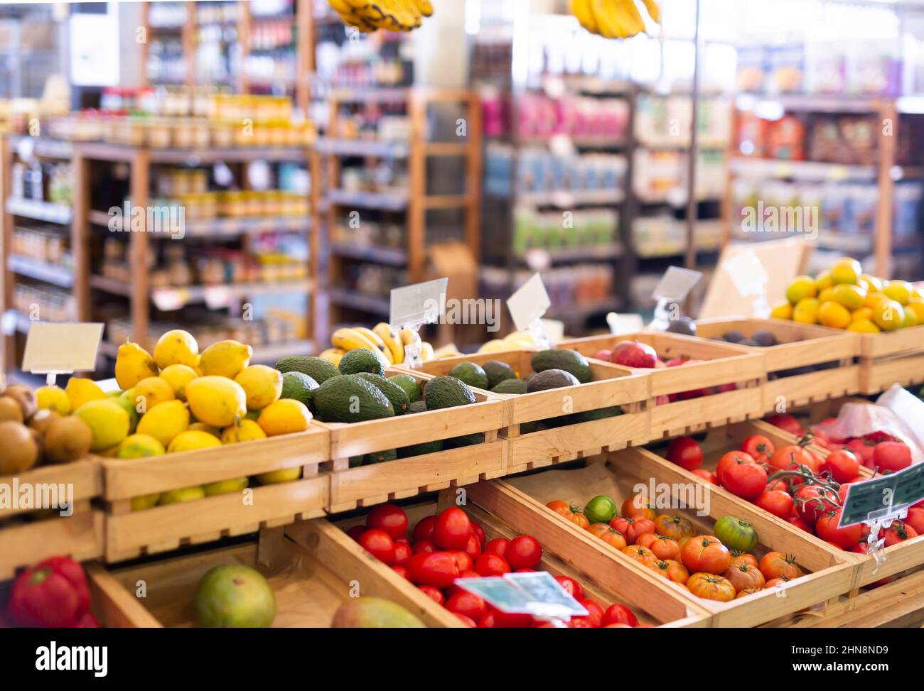 Showcase with fresh vegetables and fruits in supermarket Stock Photo ...