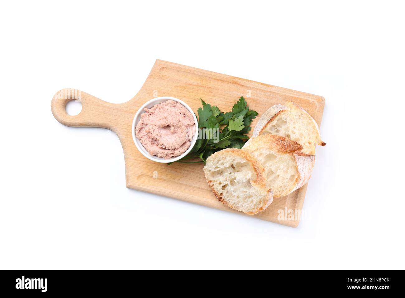 Board with pate, parsley and bread isolated on white background Stock ...