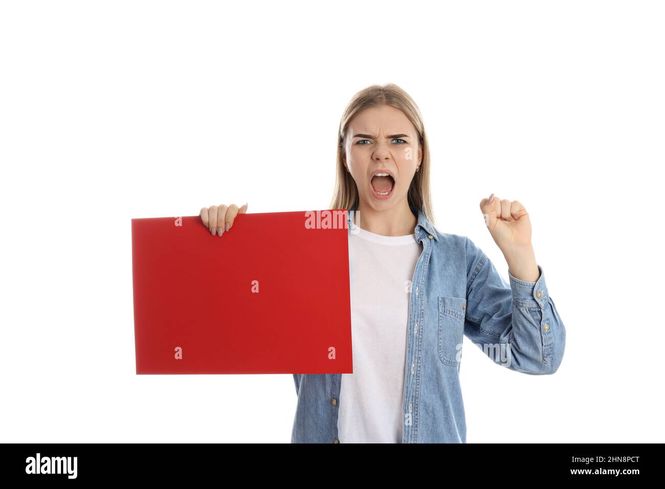 Protester woman with empty banner isolated on white background Stock ...