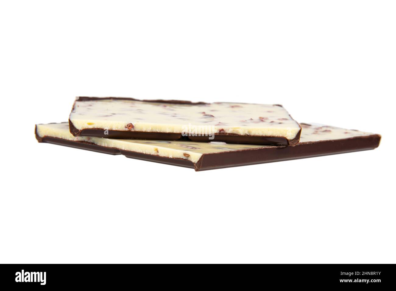 Dark and white double chocolate with fruits isolated on the white ...
