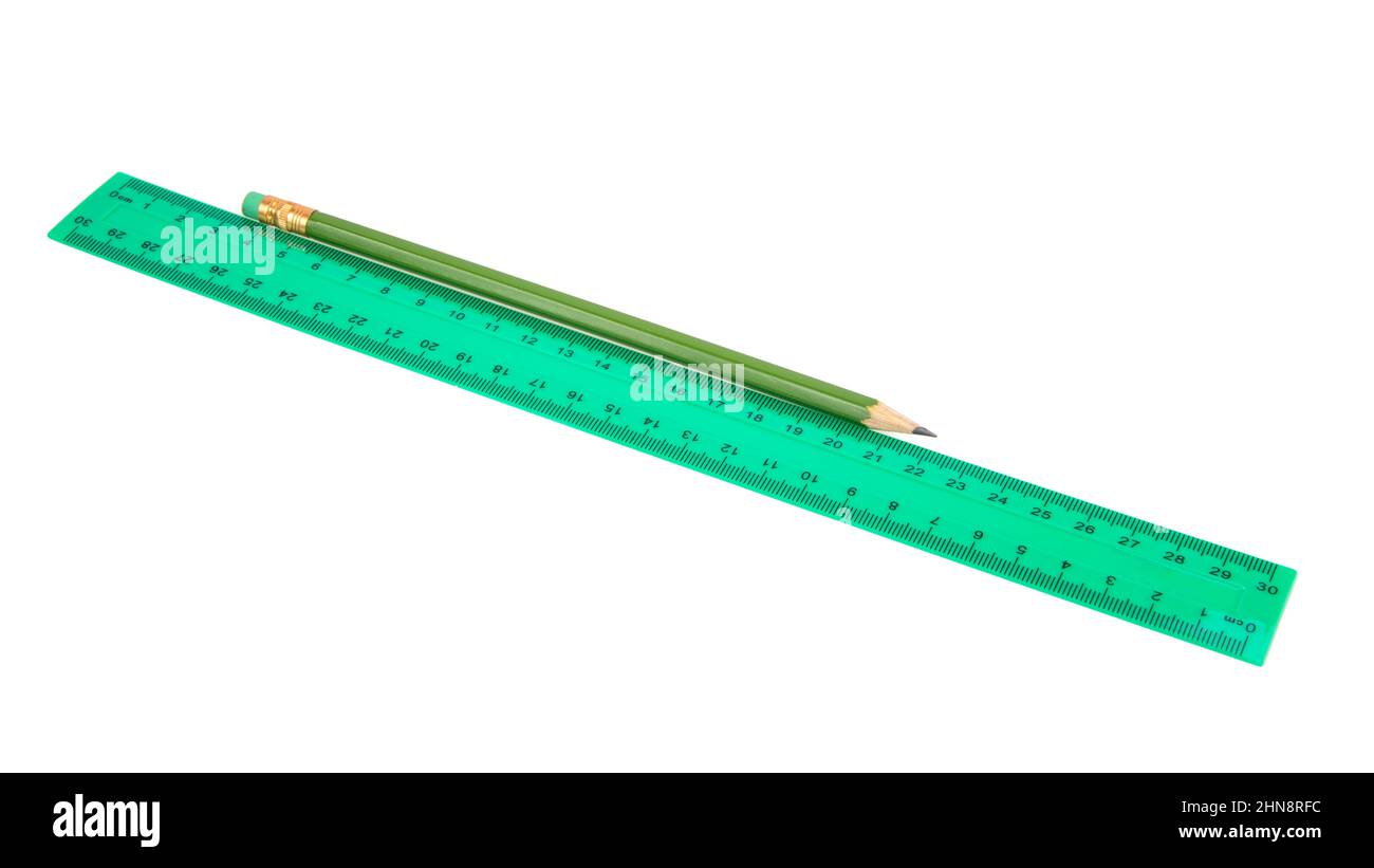 Green centimeter ruler and pencil isolated on the white background ...
