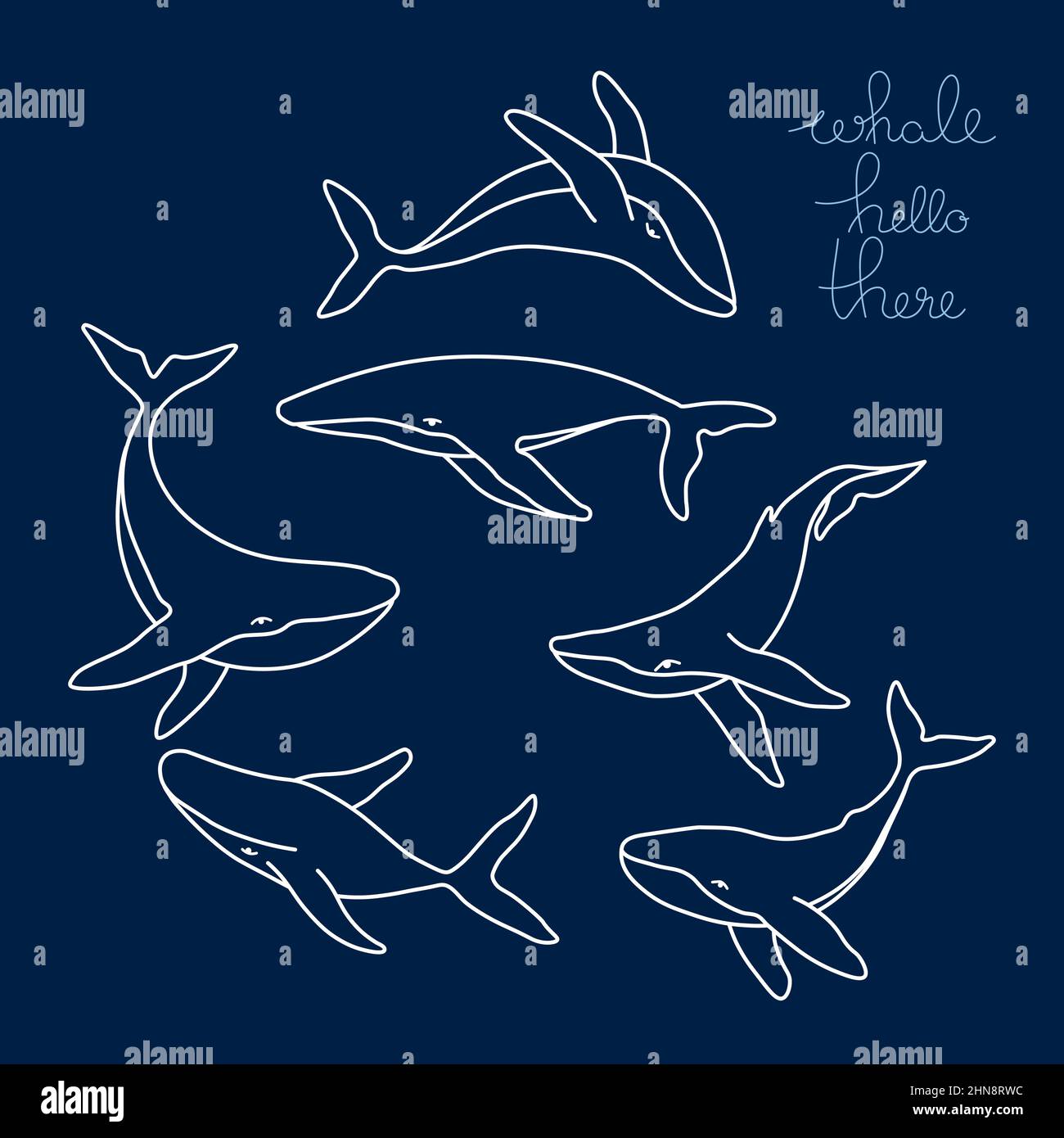 Set of six humpback whales and lettering minimalist simple outline ...