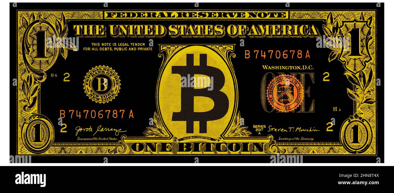 1 one Bitcoin golden Banknote , U.S. 1 highly detailed dollar banknote ...