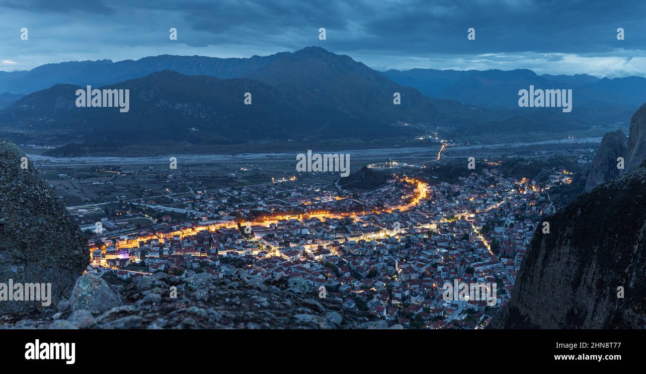 Panoramic view of the city of Kalabaka near the famous monasteries on ...