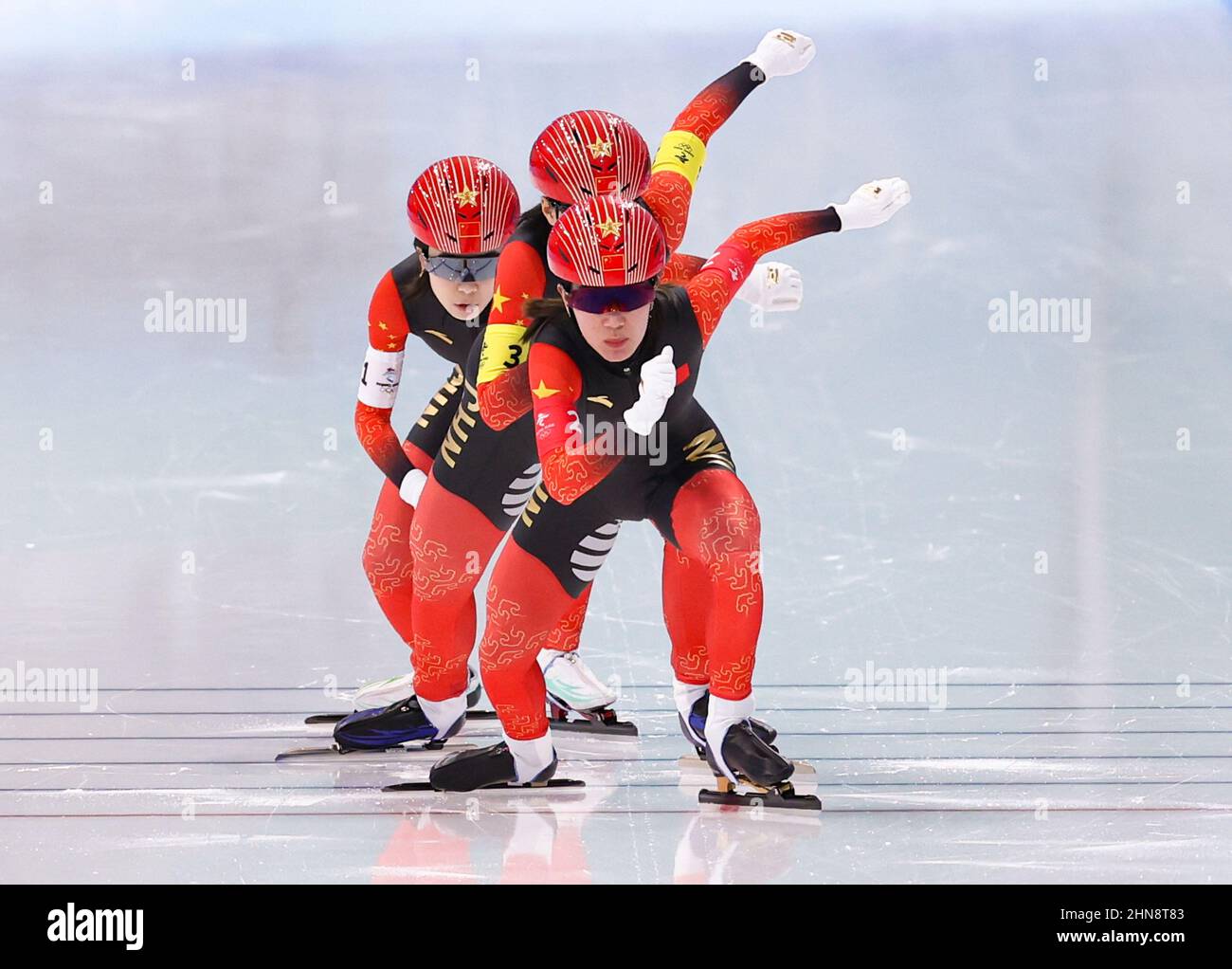 Beijing, China. 15th Feb, 2022. Han Mei, Li Qishi and Adake Ahenaer ...