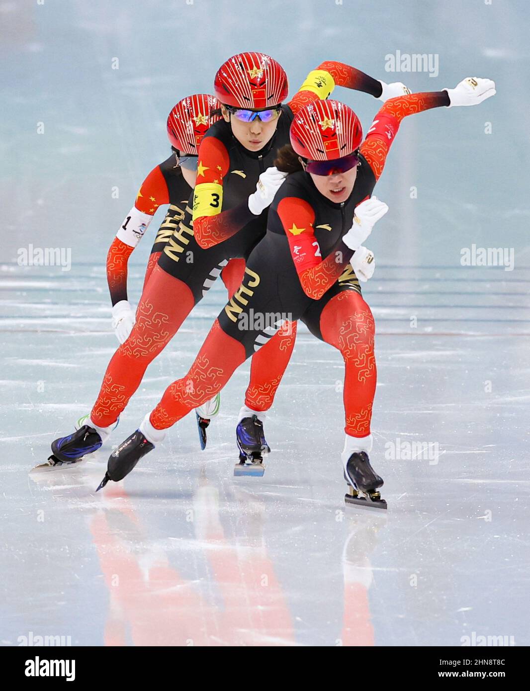 Beijing, China. 15th Feb, 2022. Han Mei, Li Qishi and Adake Ahenaer ...