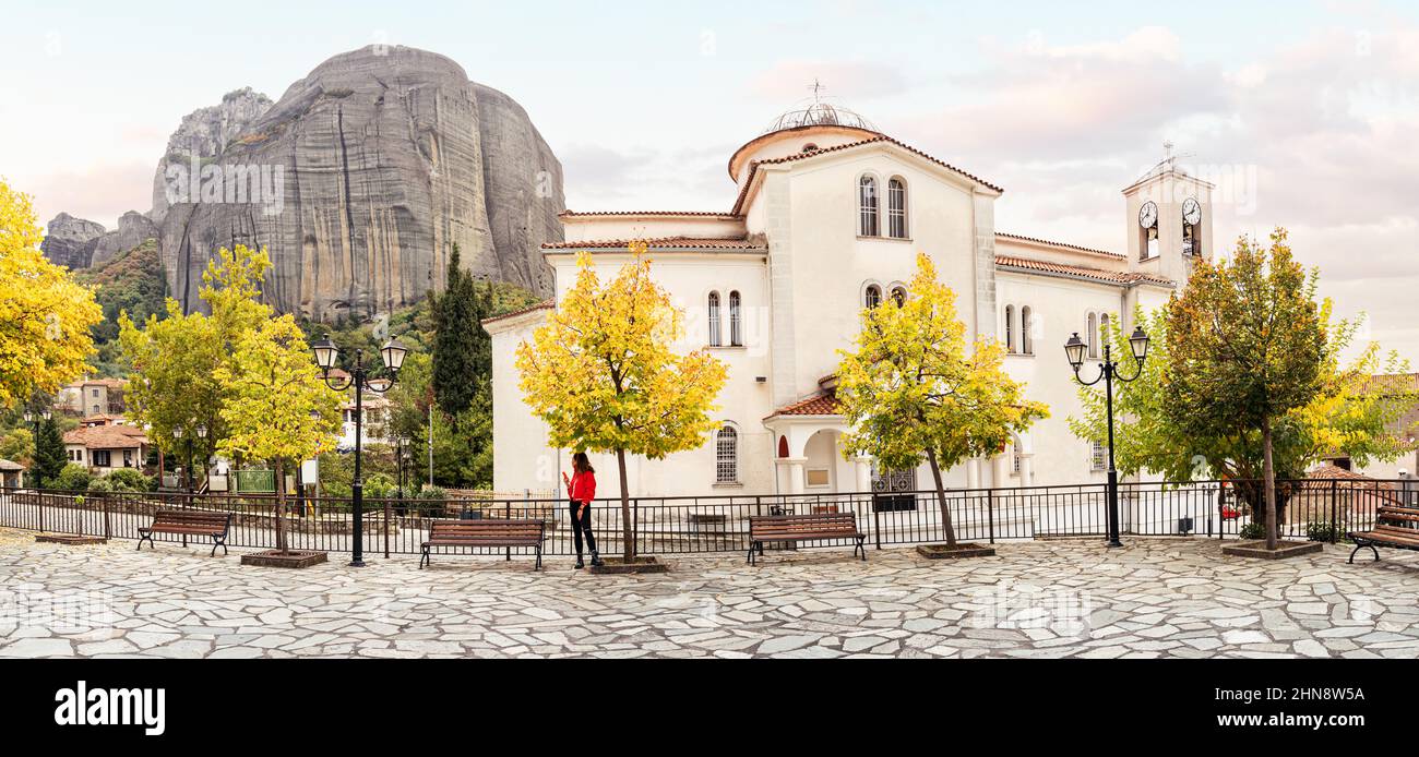 central square of a quiet tourist town at the foot of legendary Meteora ...