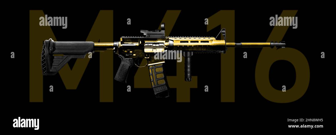 Golden M416 gun, Automatic weapon isolated black , military army Stock ...