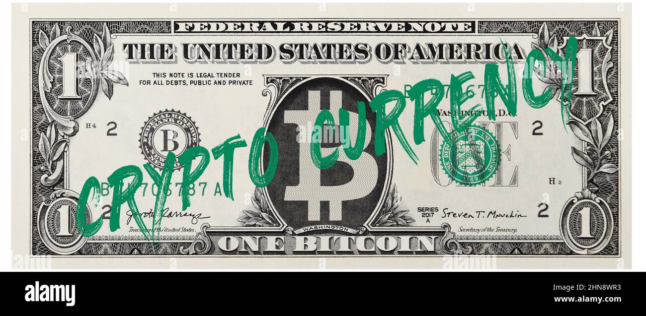 Crypto Currency text , 1 one Bitcoin Banknote , U.S. 1 highly detailed ...