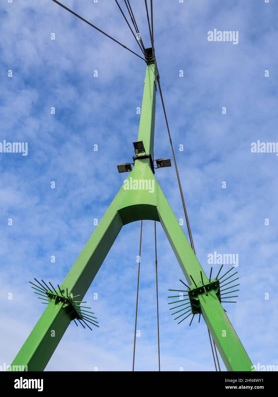 Green metal bridge support, against a blue sky, for the Wathen Wigg ...