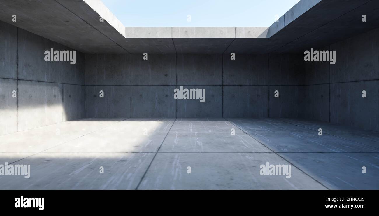 empty abstract concrete building with open top and sky 3d render ...