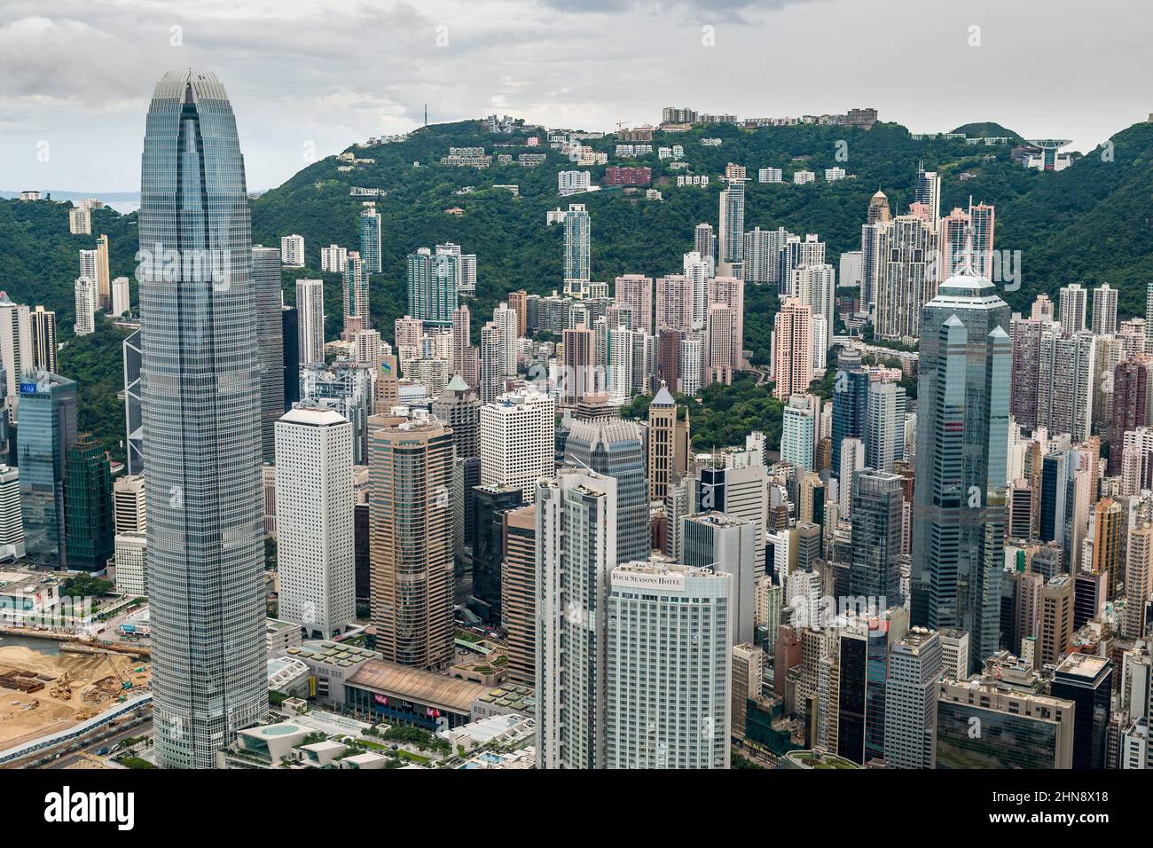 Aerial from helicopter of Central and Sheung Wan showing Mid-levels and ...