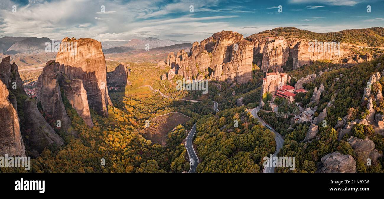 Panorama of the famous Meteora flying monasteries in Greece at autumn ...
