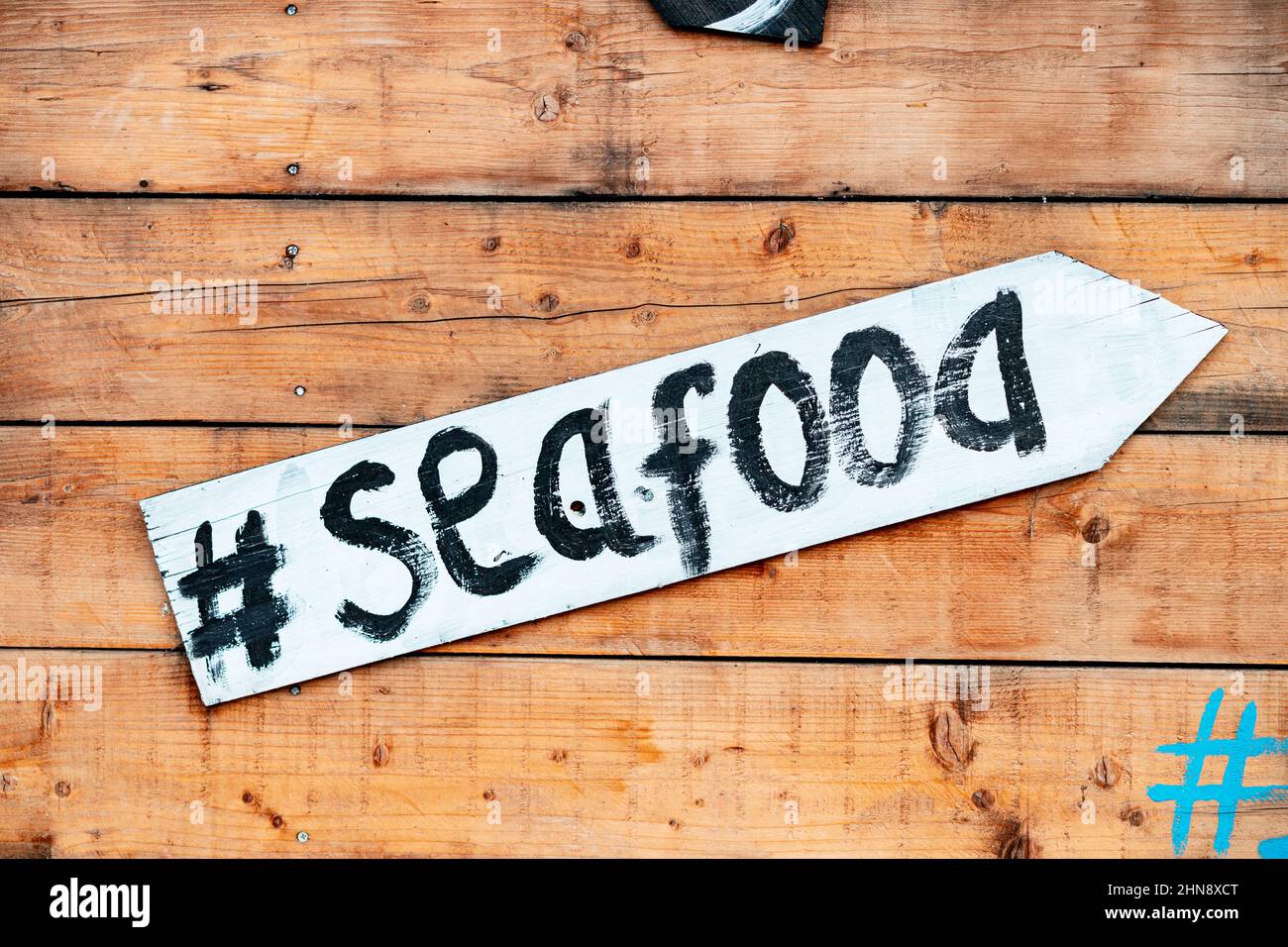 Seafood restaurant signage at the entrance. Sea diet and gourmet ...