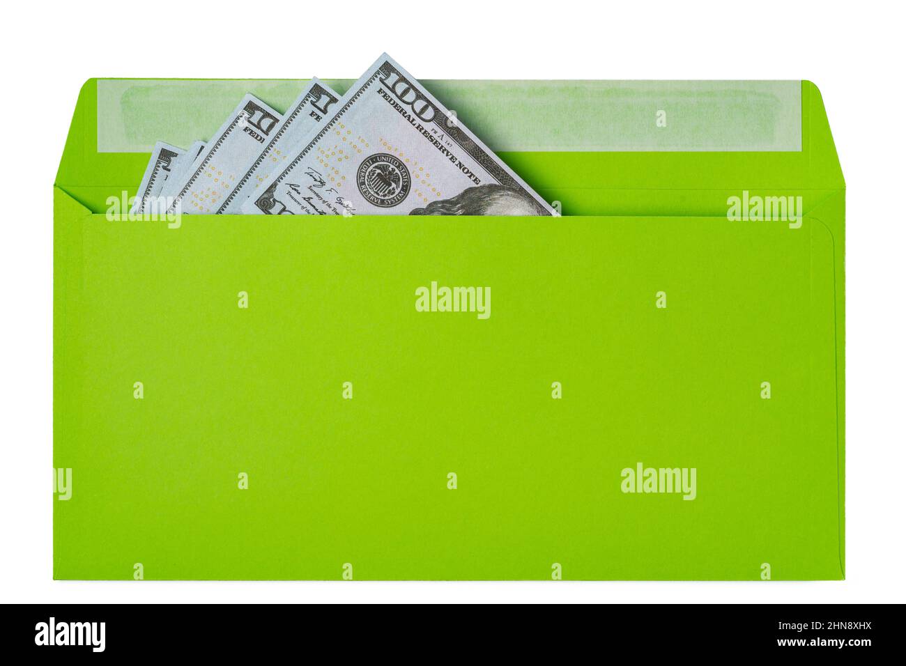 Money dollars in paper envelope on a white background Stock Photo - Alamy