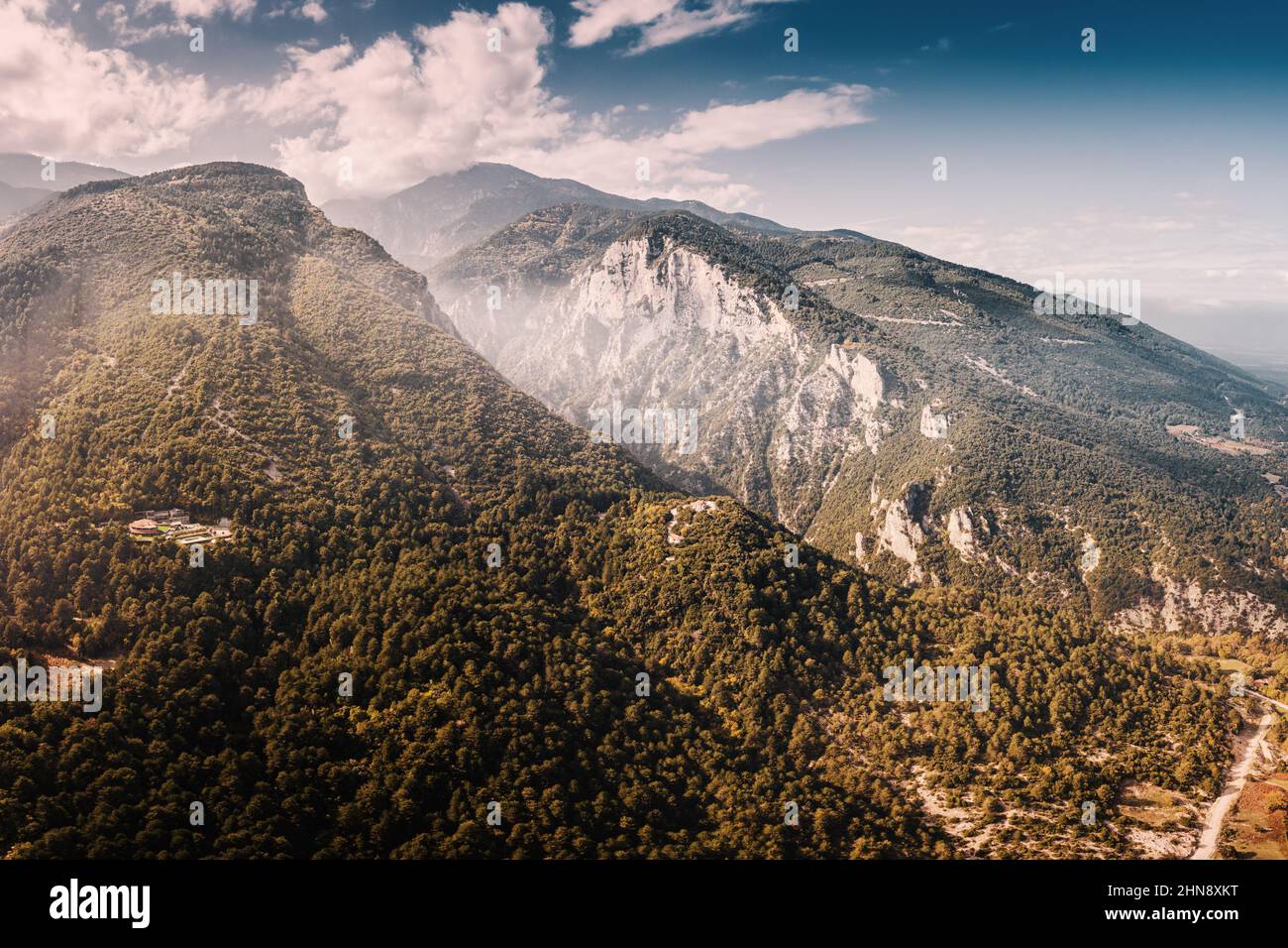 Aerial drone panoramic view of deep gorge and rocky ridge leading to ...