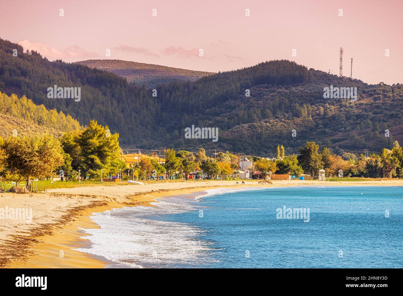 Idyllic view of the sandy Toroni beach on the Sithonia peninsula in the ...