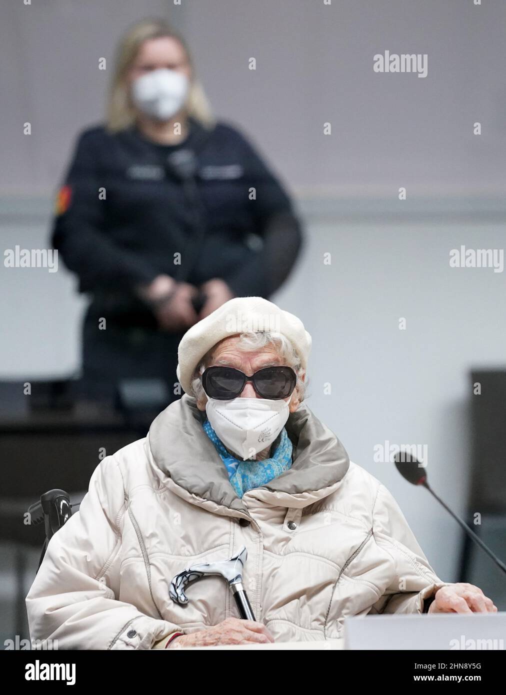 Itzehoe, Germany. 15th Feb, 2022. The 96-year-old defendant Irmgard F ...