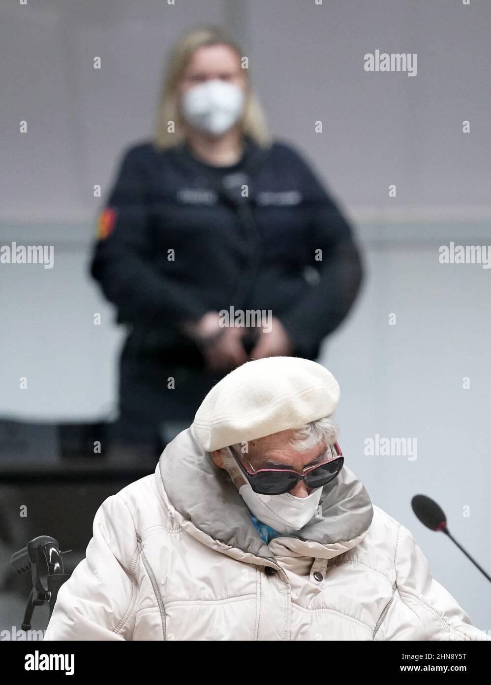 Itzehoe, Germany. 15th Feb, 2022. The 96-year-old defendant Irmgard F ...