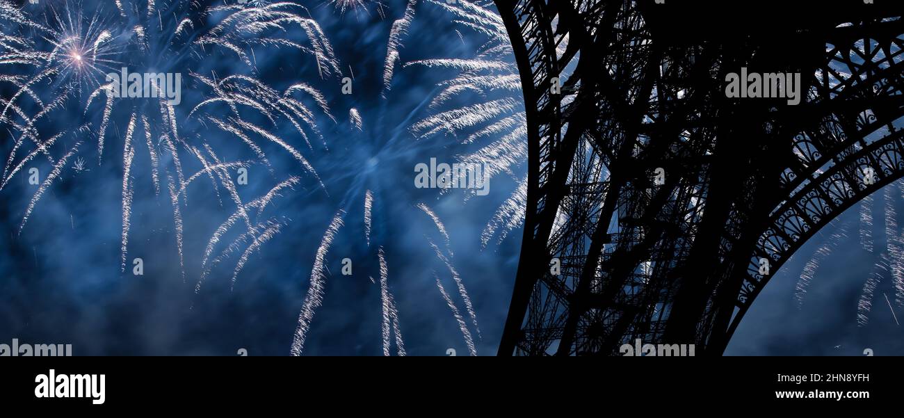 Celebratory colorful fireworks over the Eiffel Tower in Paris, France ...