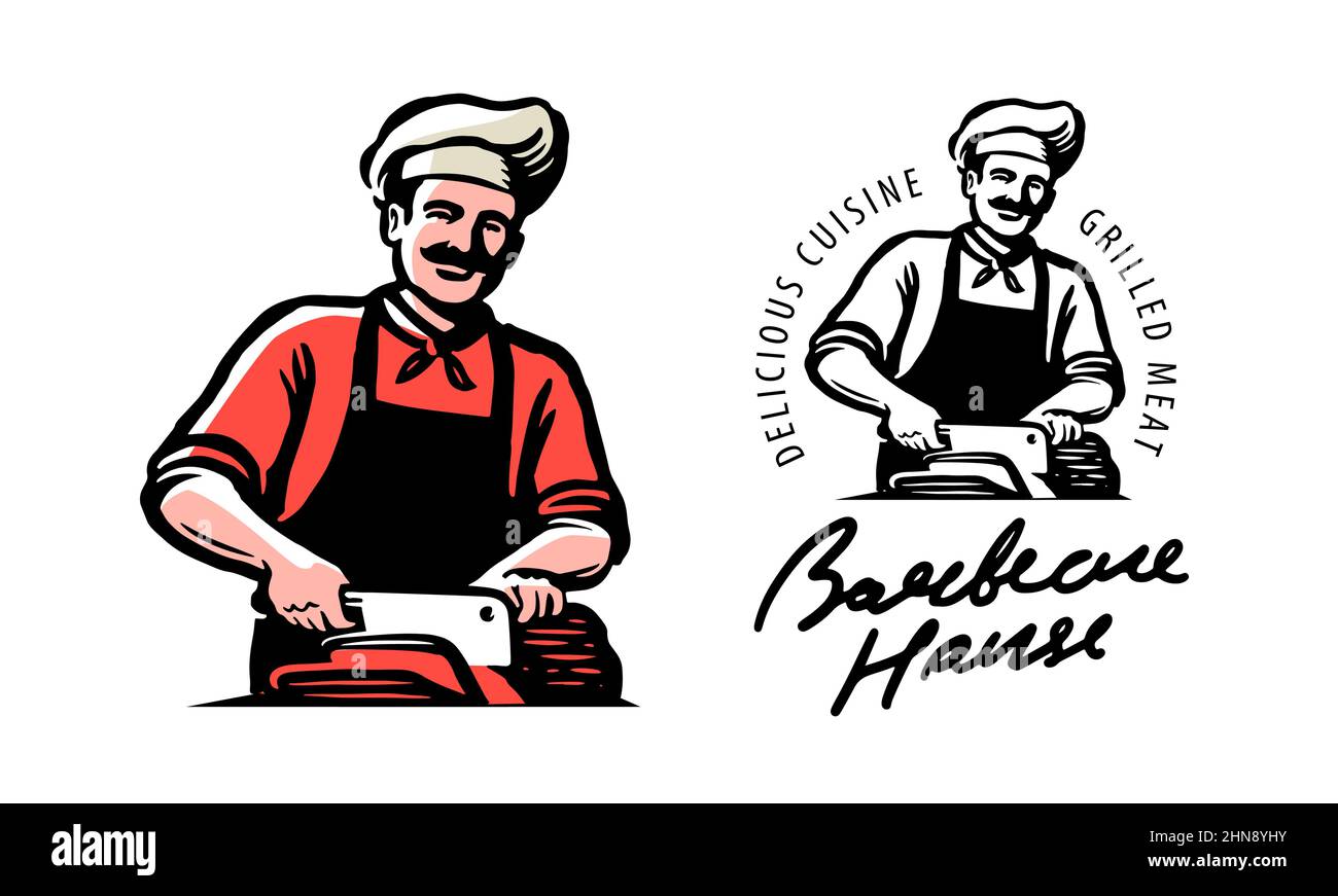Chef with knife. BBQ emblem for restaurant or cafe menu. Grill bar ...