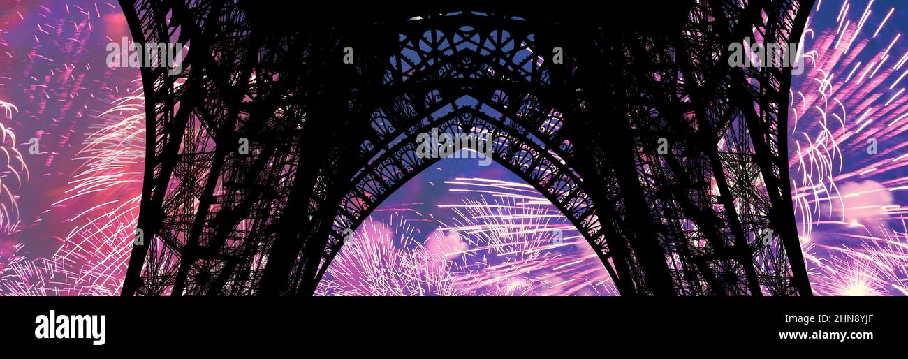 Celebratory colorful fireworks over the Eiffel Tower in Paris, France ...