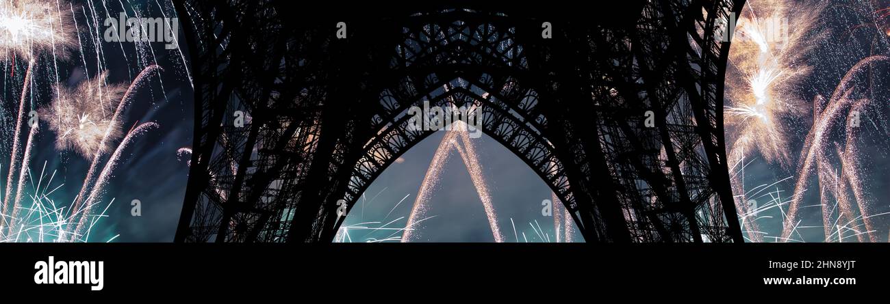 Celebratory colorful fireworks over the Eiffel Tower in Paris, France ...