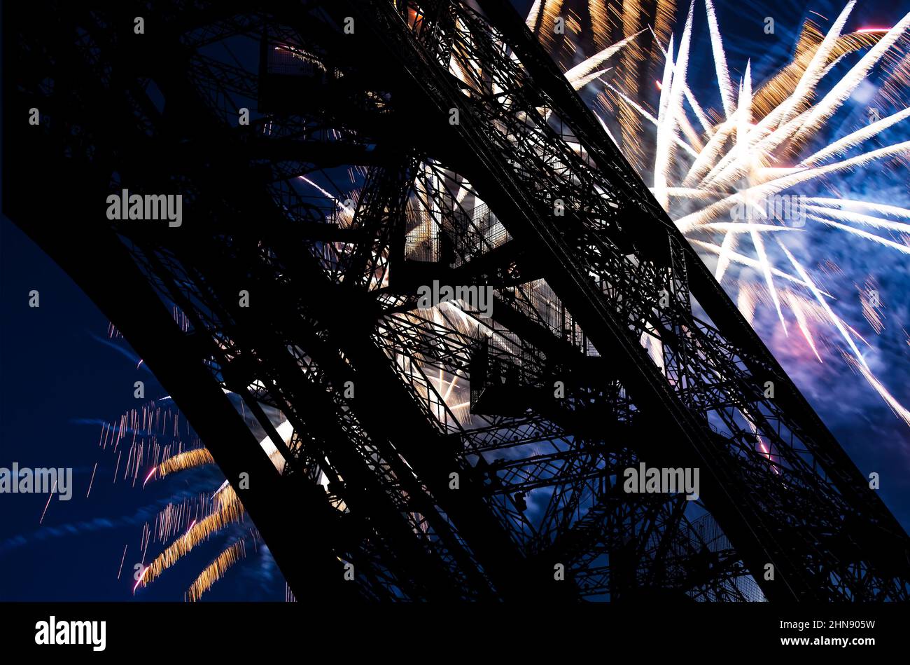 Celebratory colorful fireworks over the Eiffel Tower in Paris, France ...