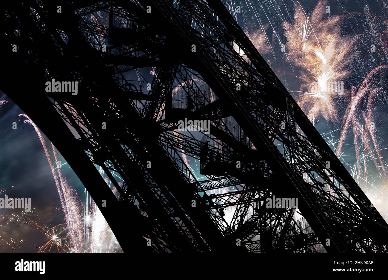 Celebratory colorful fireworks over the Eiffel Tower in Paris, France ...