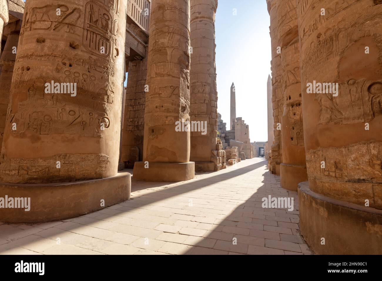 Ancient Karnak temple with big pillars and egyptian marks Stock Photo ...