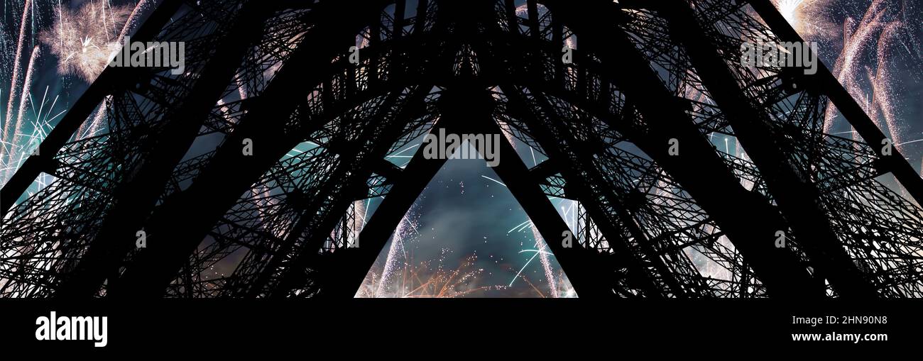 Celebratory colorful fireworks over the Eiffel Tower in Paris, France ...