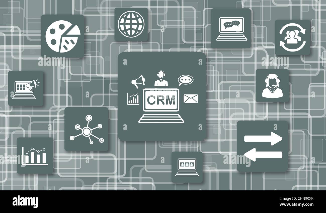 Concept of crm with icons on squares Stock Photo - Alamy