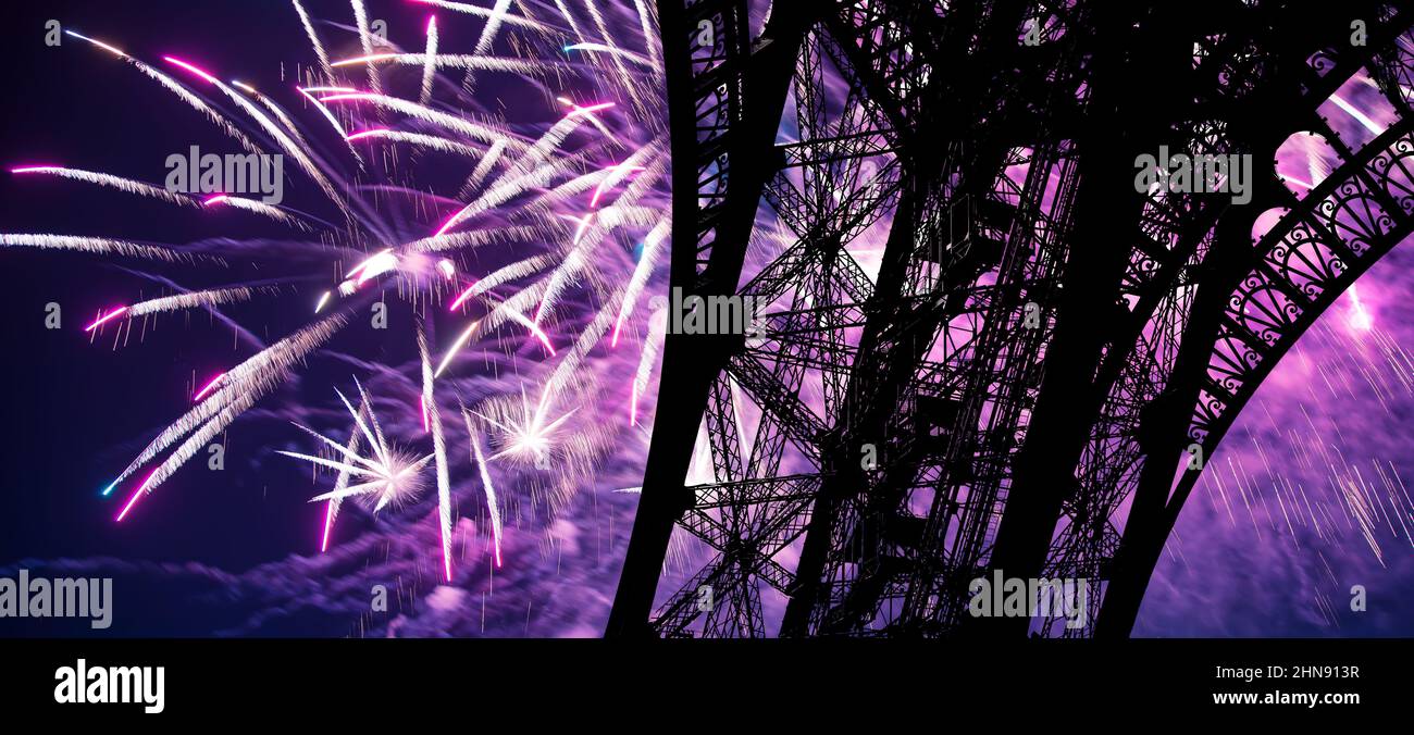 Celebratory colorful fireworks over the Eiffel Tower in Paris, France ...